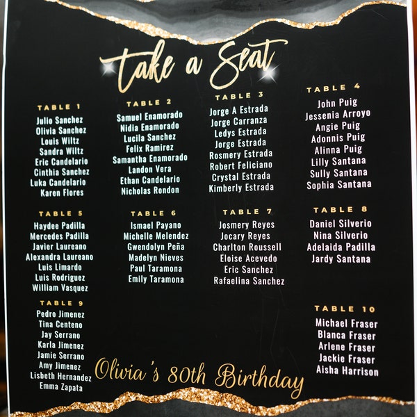 Birthday Seating Chart Black and Gold Glitter Party Seating Chart ...
