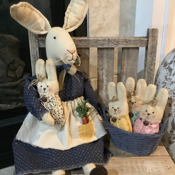PATTERN Primitive Easter Folk Art Mama Bunny Rabbit and Baby Doll E ...