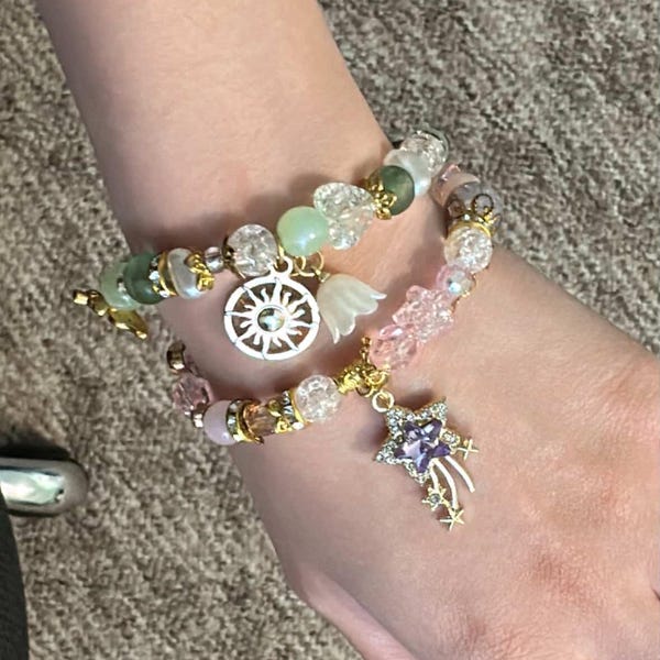 Cotton Candy Aesthetic Crystal Bead Bracelet With Silver Charms and ...