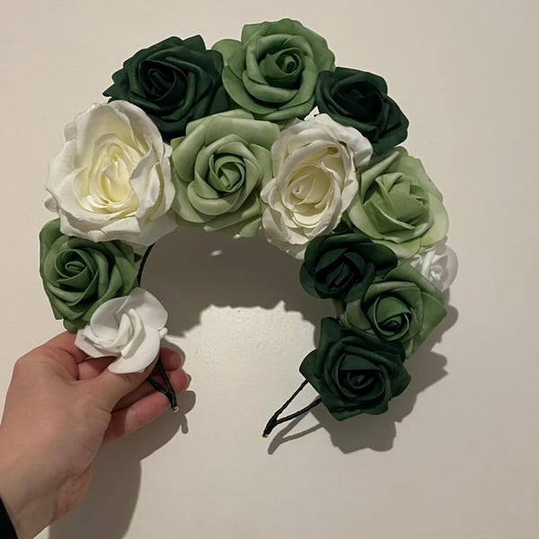 White and Gold Rose Crown - Floral Tiara, Floral Crown, Fantasy Cosplay ...