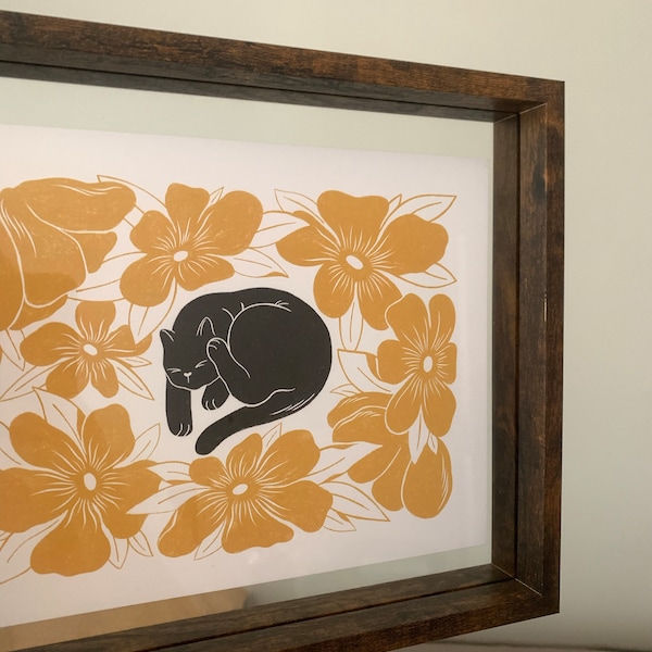 Handmade Linocut Lazy Cat Print (unframed), 2 Color Original Print in ...