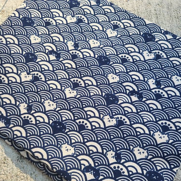 Waves With Cats Cosmo Japanese Cotton Dobby Fabric AP41903-2C Navy Blue ...