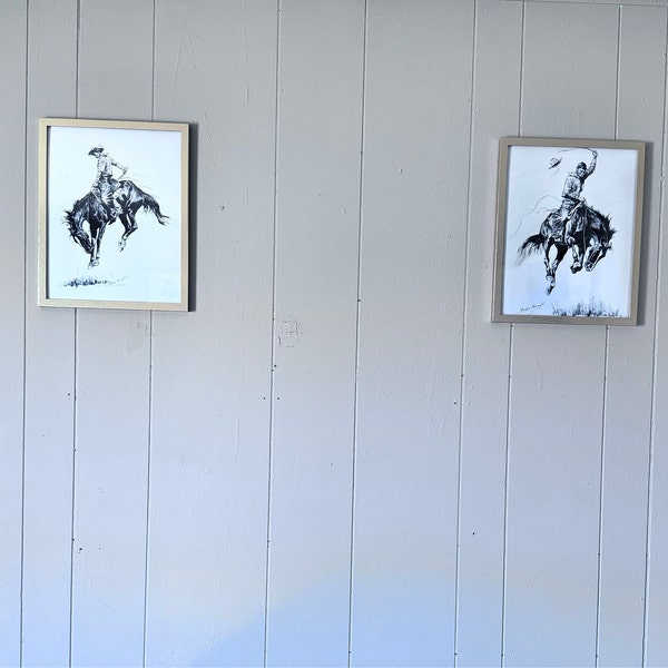 Western Cowboy Sketch PAIR | Vintage Wall Art | Mid Century Decor ...