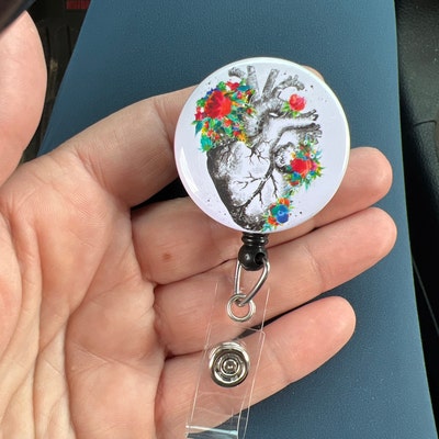 Floral Heart Badge Reel Cardiology Badge Cardio Nurse Badge Retractable ...