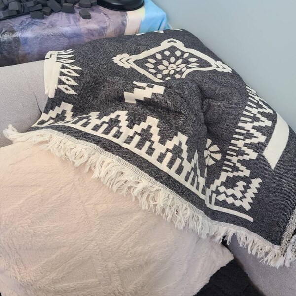 Handmade Large Turkish Blanket, Farmhouse Decor, Neutral Turkish Cotton ...