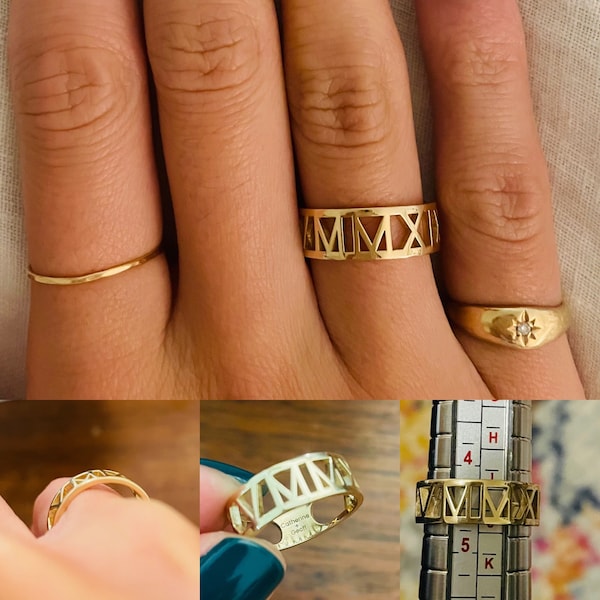 Real Gold Custom Roman Numerals Ring, Personalized Wedding Date Band in ...