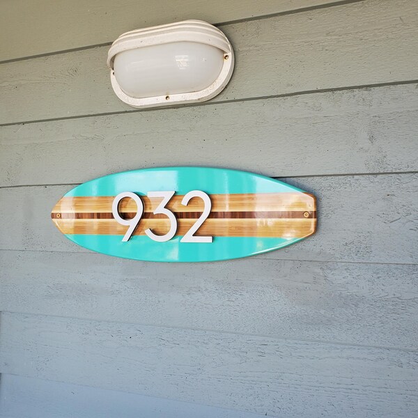Surfboard Coastal Beach House Address Number Plaque in Seaform Green ...