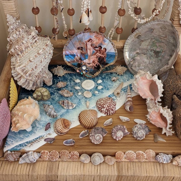 Decoupaged Shell Jewelry Dish: Birth of Venus Art, Rhinestone Filigree ...
