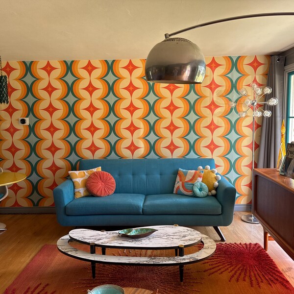 70s Retro Vintage Diamonds Wallpaper in Olive Green Orange and Yellow ...