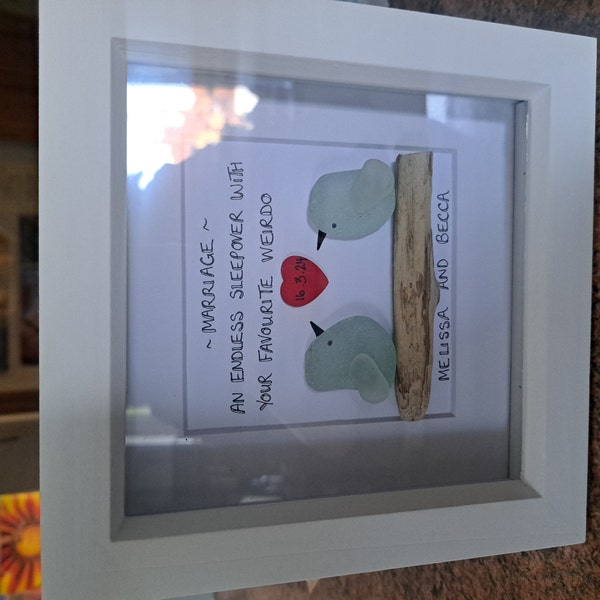 Cornish Sea Glass Art Frame Seagull Seagulls on Driftwood Coastal Scene ...