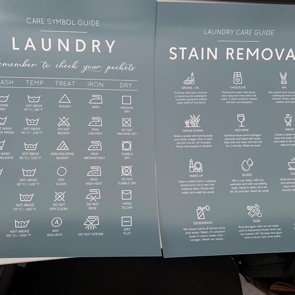 Set of 2 Laundry Symbols Guide and Stain Removal Cheat Sheet ...