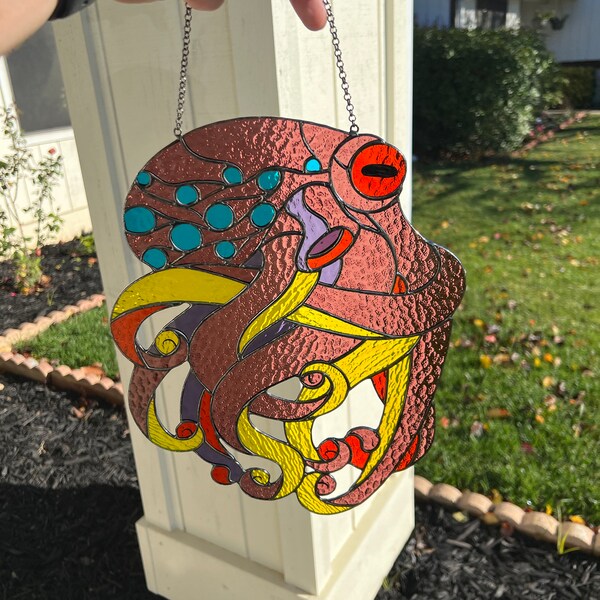 Stained Glass Octopus Suncatcher Window Hanging Panel Stained Glass ...