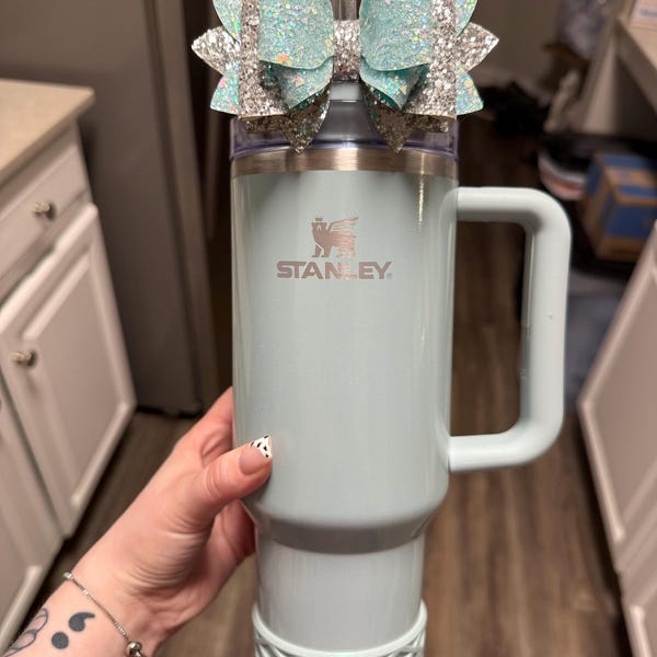 Stanley Tumbler Bow Iridescent Pink Light Pink Glitter Straw Topper ...