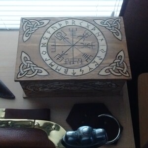 Wooden Box Engraved With Viking Motifs: Vegvisir, Interlacing, Dragons ...
