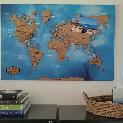 World Map Push Pin Wall Art Cork World Map Board Wooden - Etsy