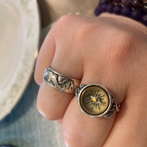 Working Compass Ring Sterling Silver Silver Twig Ring Compass Jewelry For Women True North