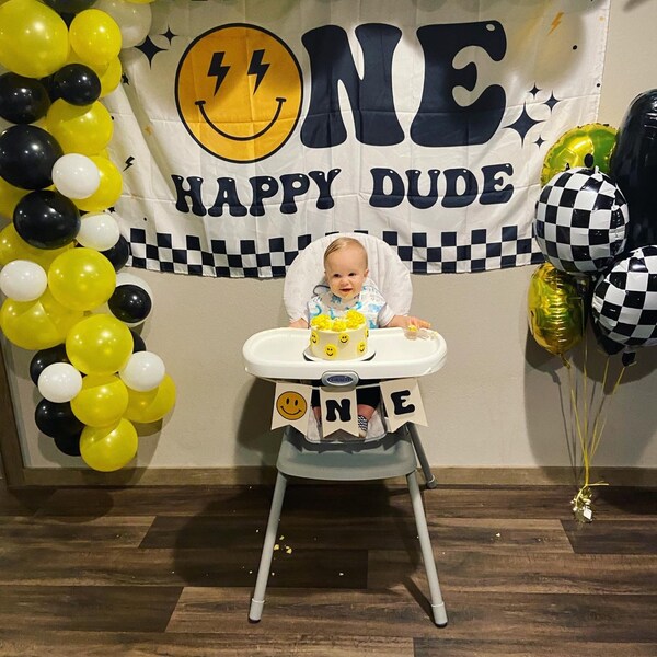 Yellow One Smiley Face Banner, One Happy Dude, First Birthday Boy Decor ...