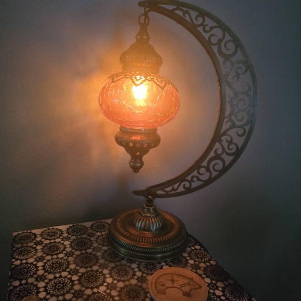 Vintage Turkish Moon Table Lamp With Cracked Glass - Exquisite Moroccan ...
