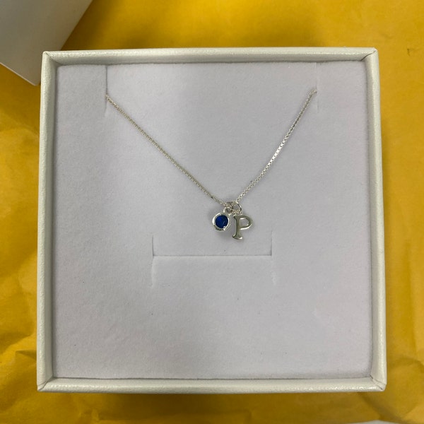 Initial and Birthstone Box Chain Necklace, Hanging Gemstone Letter ...