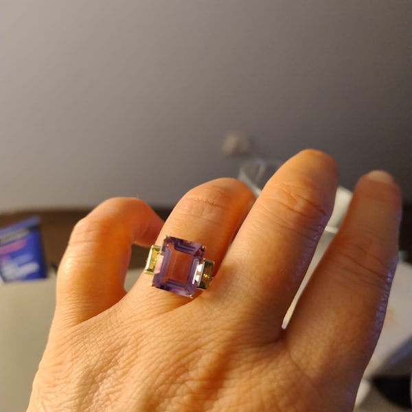 Natural Pink Amethyst & Peridot Ring, 14K Solid Yellow Gold Ring, February and August Birthstone ...