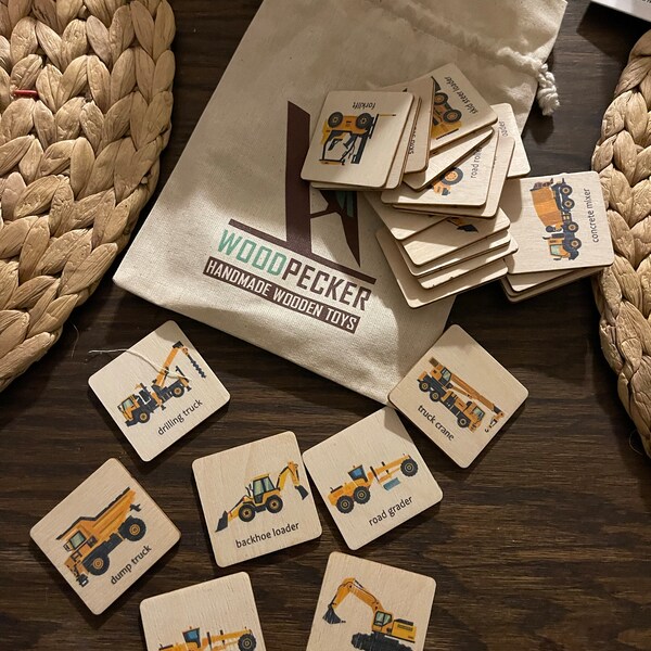 Montessori Wooden Construction Truck Car Memory Game, Construction ...