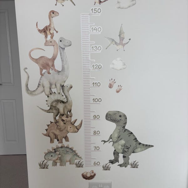 Dinosaur Growth Chart Wall Decal, Watercolor Dino Height Ruler, Kids ...