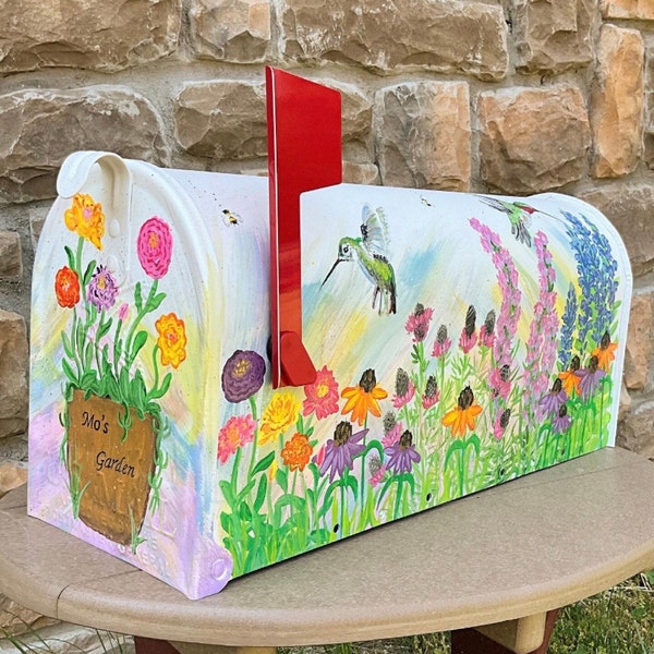 Hand Painted Mailbox, Medium Mailbox, Wildflowers, Hummingbirds, Floral ...