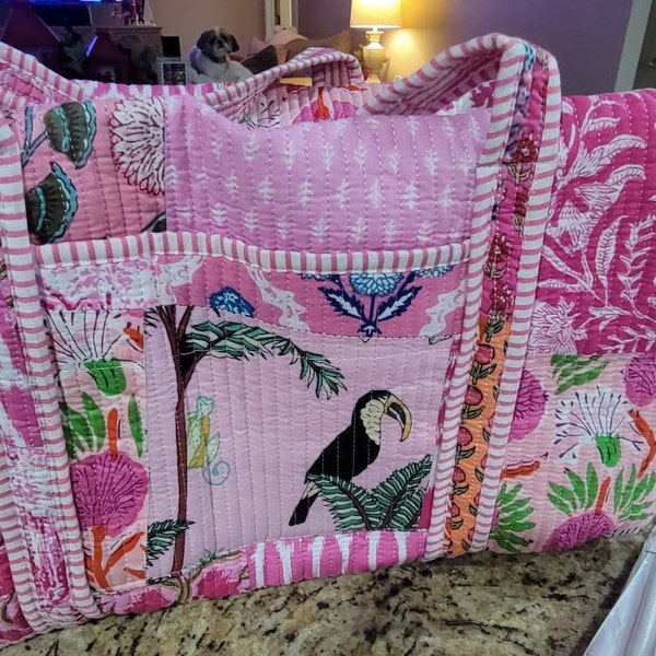 Large Cotton Weekender Travel Bag, Handmade Quilted Fabric Duffle Bag ...