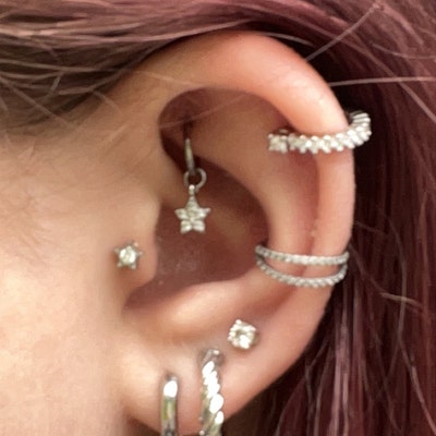 16g 18g Dainty Star Hoop Charm, Sterling Silver, 18k Gold Plated Rook ...