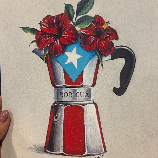 Boricua Greca Coffee Pot Art Print | Puerto Rico Cafetera Wall Decor ...