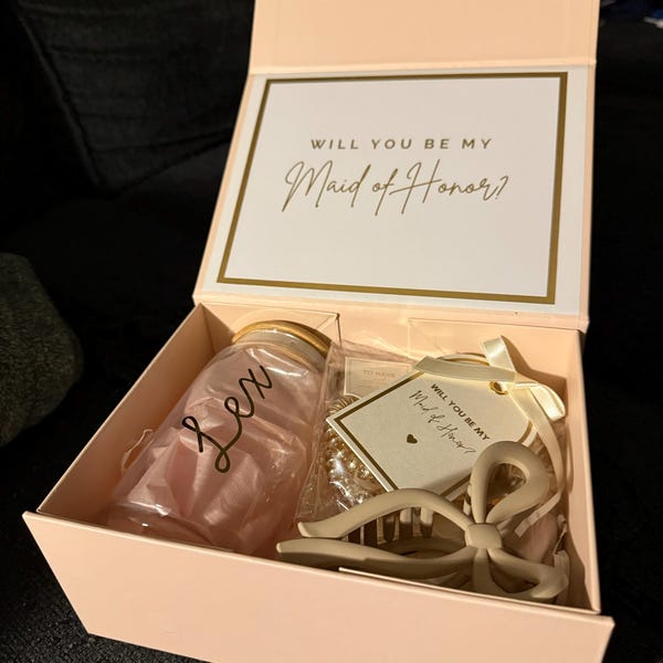 Bridesmaid Proposal Box: Personalized Glass, Hair Accessories Gift Set ...