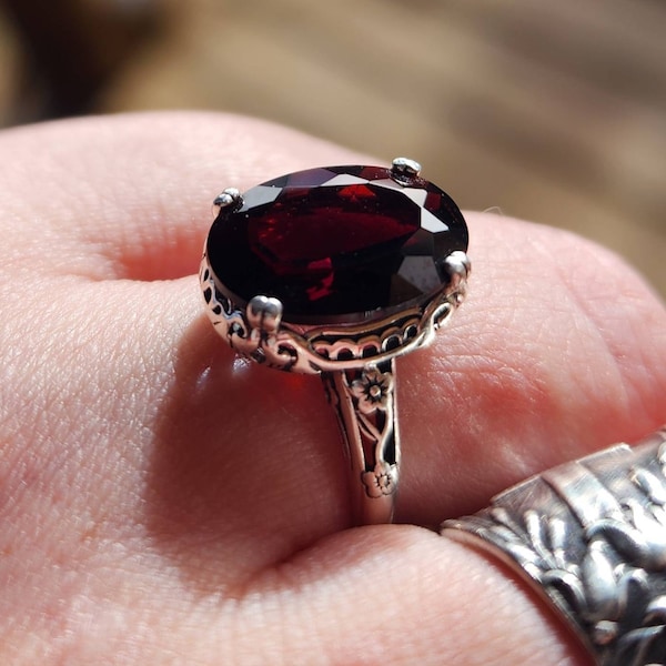 Natural Red Garnet Ring Sterling Silver | 7ct Oval Cut Genuine Gemstone ...