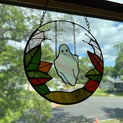 Gothic Suncatcher Ghost Funny Halloween Stain Glass ORIGINAL Horror ...