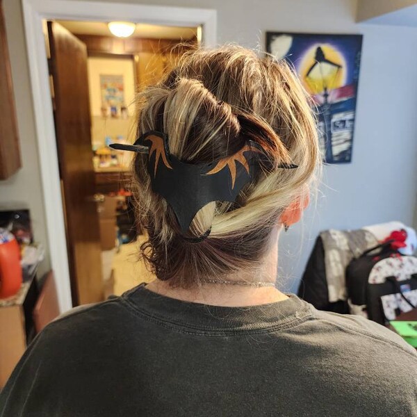 Leather Bat Barrette, Black Bat Hair Slide, Wooden Hair Stick ...