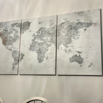 Hanging World Map Canvas, Rustic Frame Home Decor, Earth Colors World ...