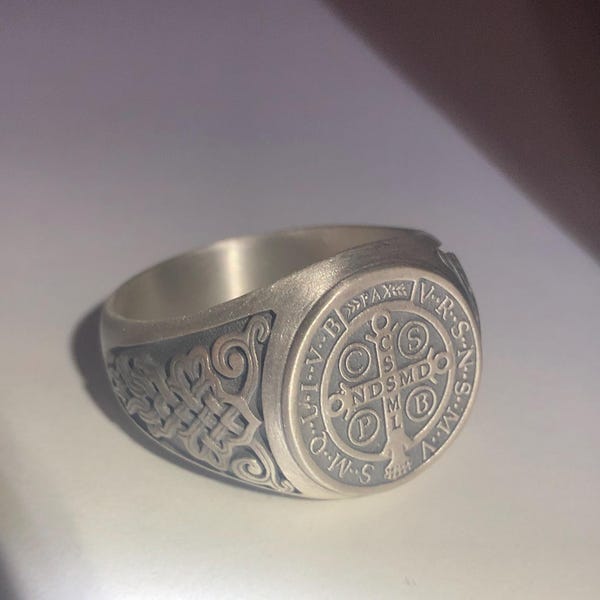 St Benedict Medal Signet of Exorcism Cross Ring Jewelry Mens Religious ...