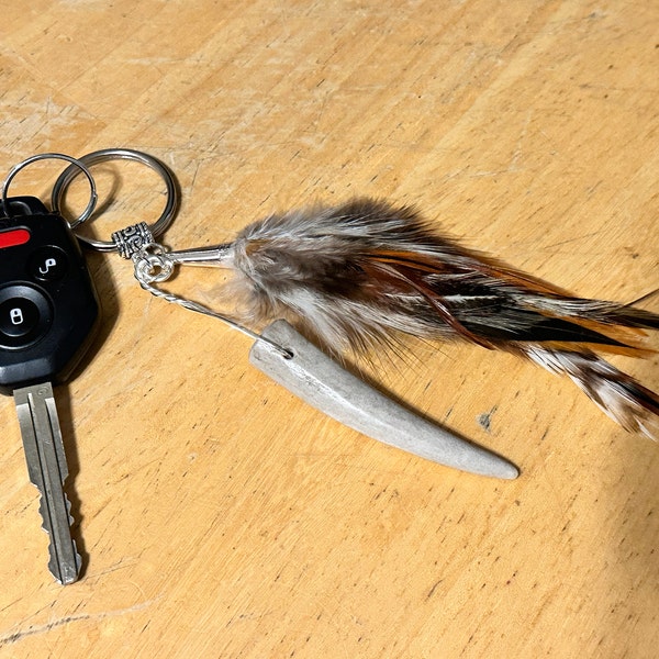 Keychain With Deer Horn Antler Tip and Feathers, Handmade Keyring ...