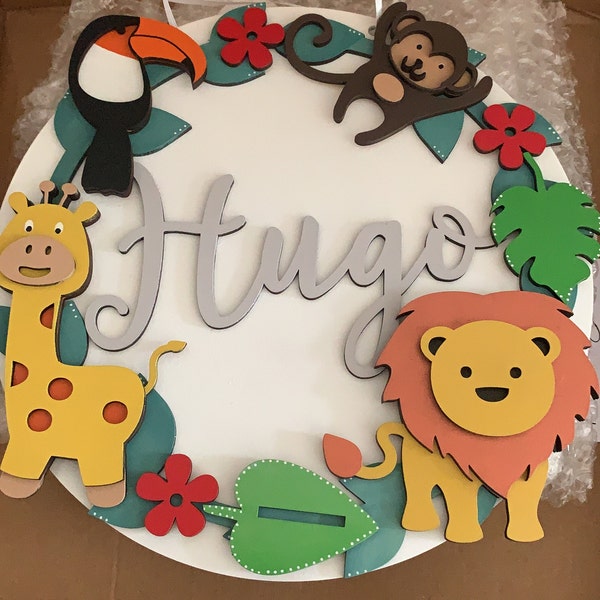 Personalised Jungle / Safari Animals Wreath. Monkey, Lion and Giraffe ...