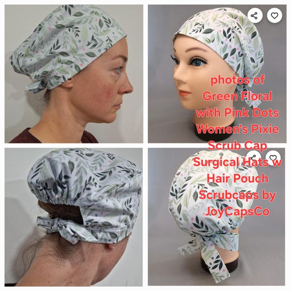 Pixie Scrub Cap for Women, Pink and Gray Floral Surgical Hat With Hair ...
