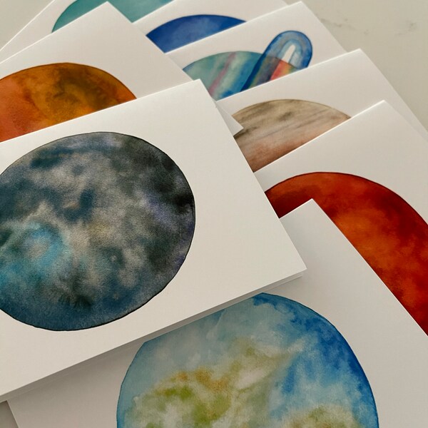 Watercolor Planets Art Print Greeting Cards - Set of 8 A2 Size - Blank ...