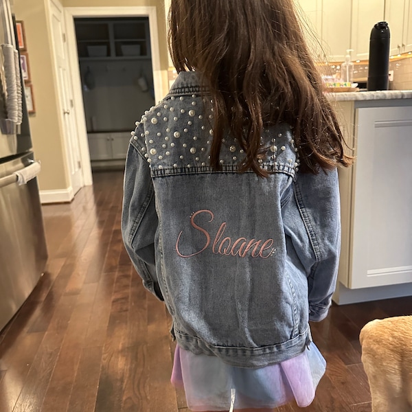 Little Girls Personalized Blue Pearl Denim Jacket | Embroidered ...