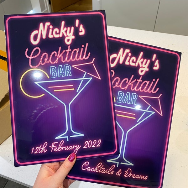 Personalised Cocktail Bar Sign. Neon Retro Vintage Print on Gloss Metal ...
