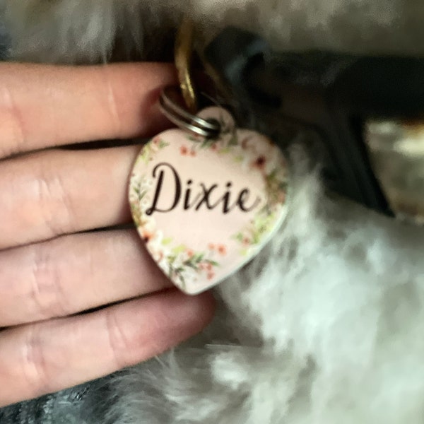 Pink Flowers Dog Tag, Dog ID Tag, Dog Tag, Floral Pet Tag, Girl Dog Tag ...