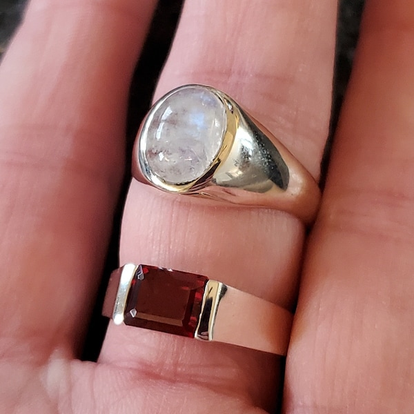 Signet 6X8 MM Rainbow Moonstone Oval Shape Ring, 925 Solid Sterling Silver Jewelry, Statement ...