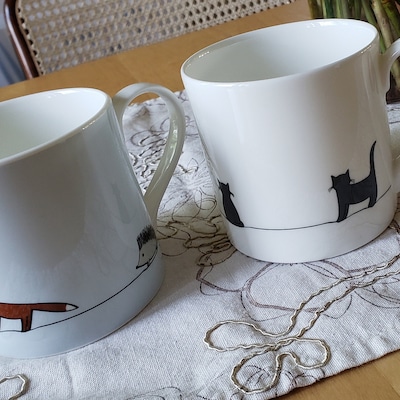 Sitting Cat and Sleeping Cat Mug, Set of Two, Fine Bone China Mugs, Cat ...