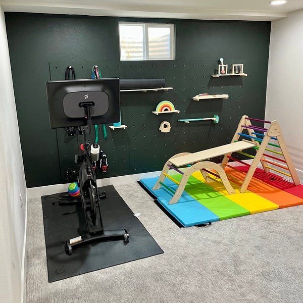 Modern Wooden Pegboard Wall: Modular Floating Shelves for Playroom, Gym ...