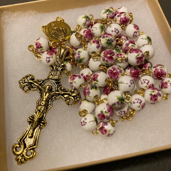 Handmade White With Pink Flower Patterned Rosary - Etsy