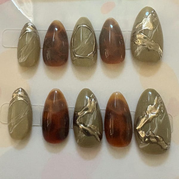 Tortoise Shell Press on Nails: 3D Gold Chrome, Handmade Faux Acrylic ...