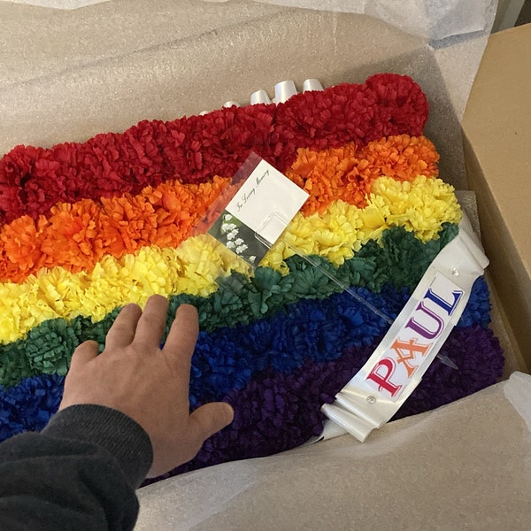 LGBT PRIDE FLAG Rainbow Funeral Memorial Tribute Artificial Flowers ...