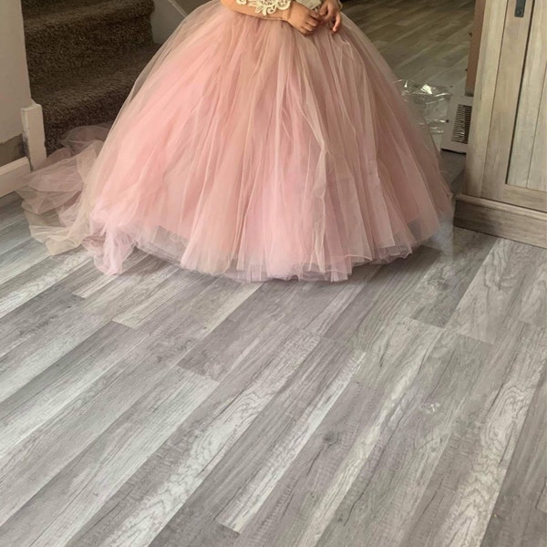Blush Pink Gold Lace Ball Gown Flower Girl Dress - Tulle Long Sleeve ...